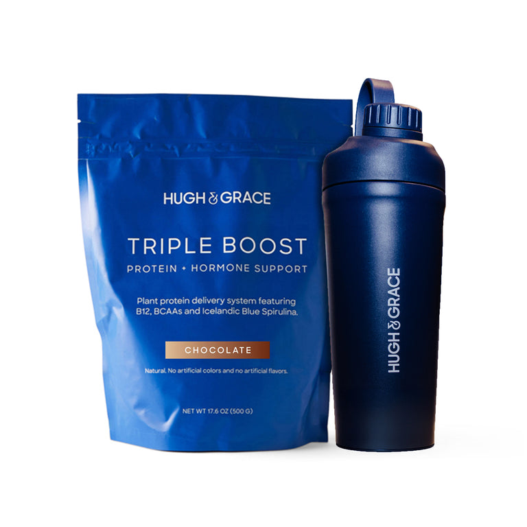 Triple Boost Protein + Hormone Support Chocolate and Shaker – Hugh & Grace