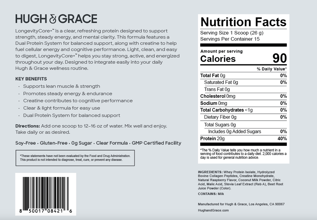 LongevityCore+ Clear Protein + Creatine – Hugh & Grace